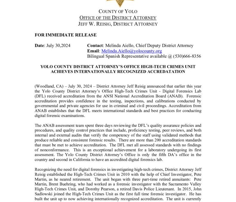 PRESS RELEASE YCDA HIGH TECH CRIMES UNIT ACHIEVES ACCREDITATION | Yolo ...
